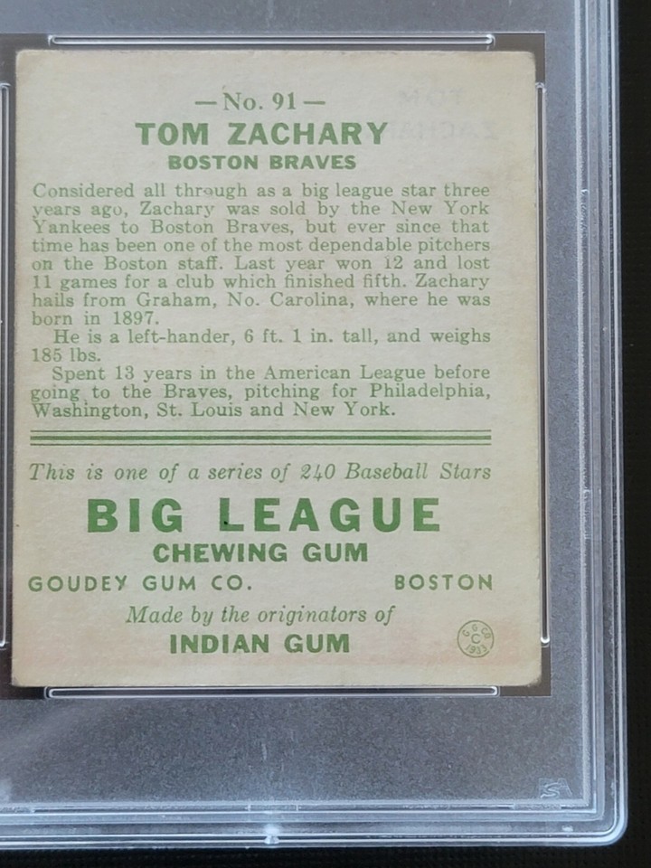 Tom Zachary 1933 Goudey 3.5 VG+ Baseball Card #91 | eBay