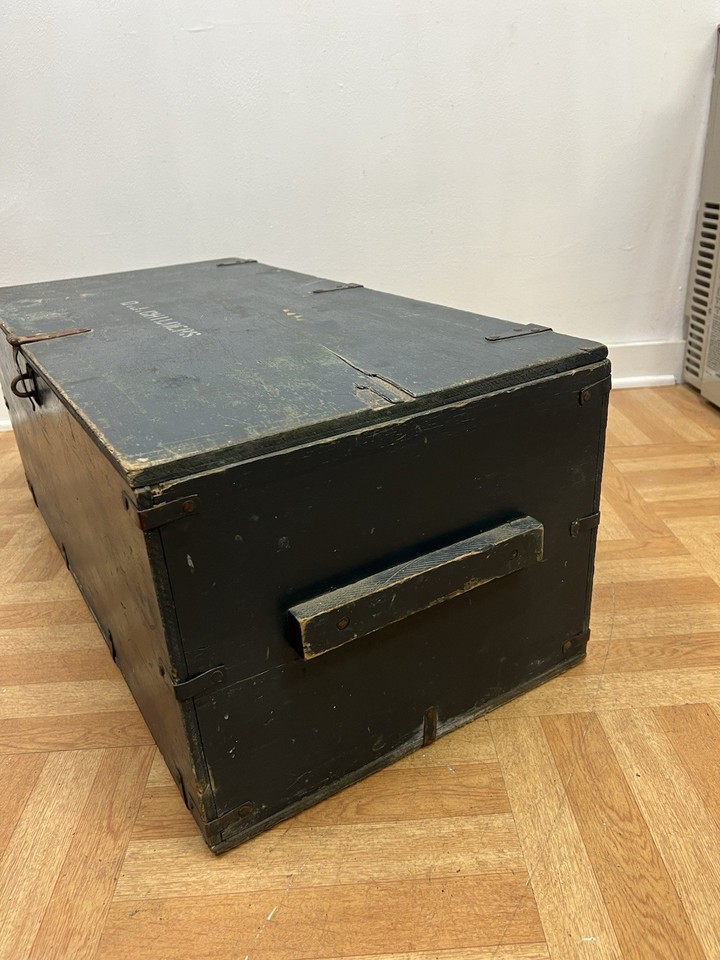 Vintage Military FOOT LOCKER Wood Trunk chest flat top storage blue box ...