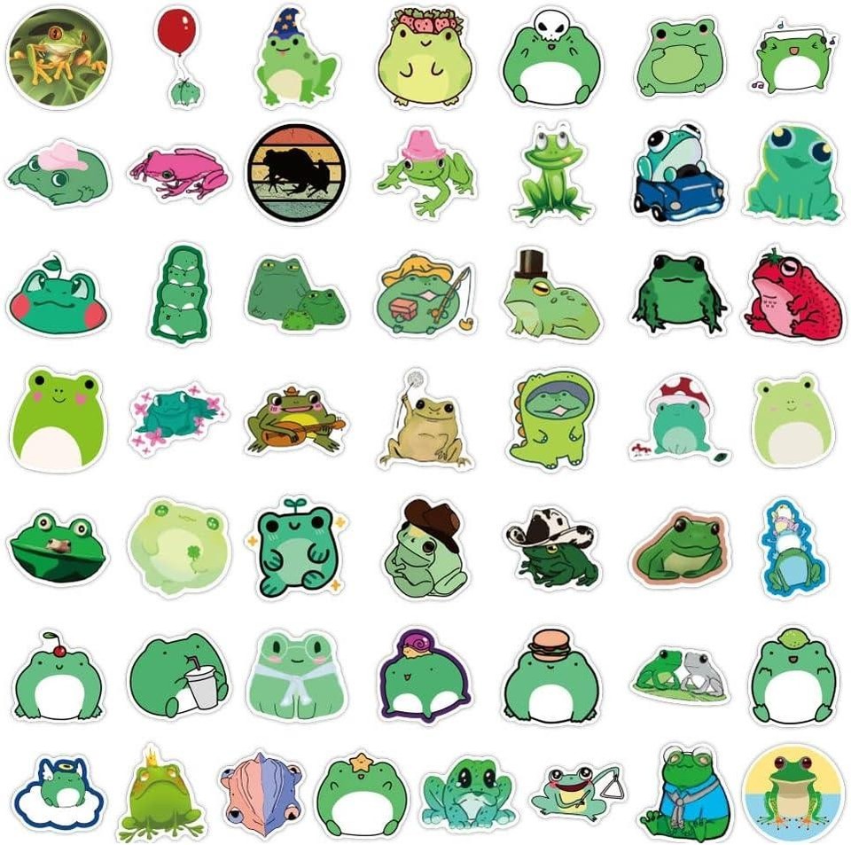 Cartoon Frog Stickers 100 Pcs, Green Cute Frog Decals for Water Bottle ...