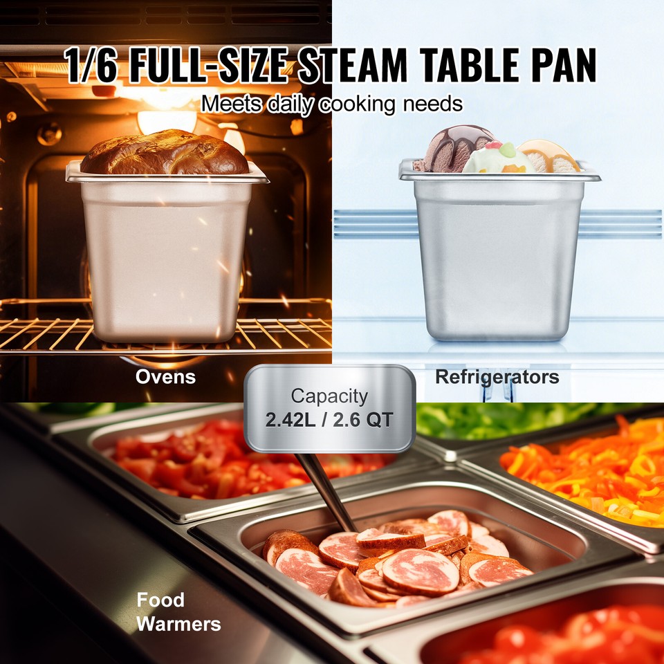 6 Pack 6" Deep Hotel Prep Pans Steam Table Pan 1/6 Size Stainless Steel ...