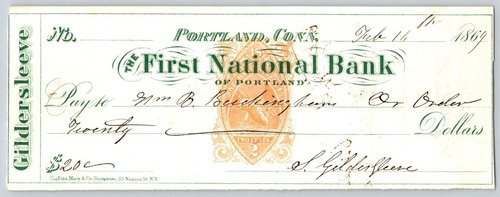 Portland CT FNB Gildersleeve (Ships) 1869 Bank Check Rev Stamp Wm. B ...