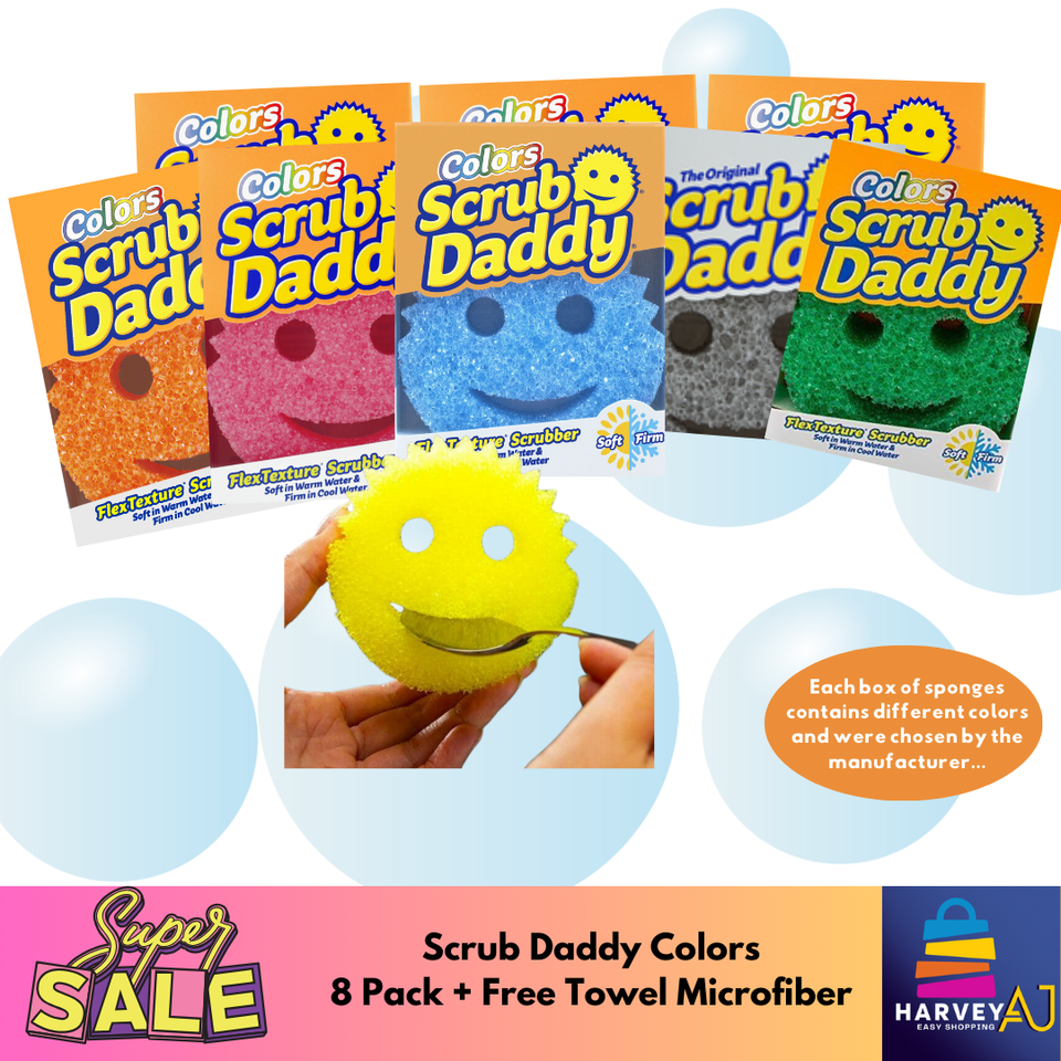Scrub Daddy Colors Flex Texture Scrubber Sponges, 8 Pack +Free Towel ...