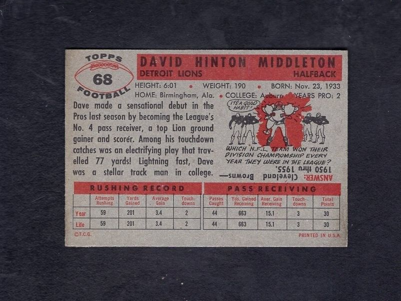 1956 Topps # 68 Dave Middleton Detroit Lions Near Mint cond o/c ...