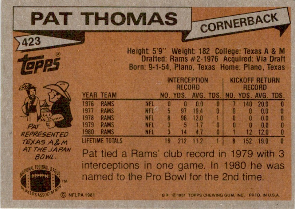 1981 Topps Pat Thomas Rookie Los Angeles Rams #423 | eBay