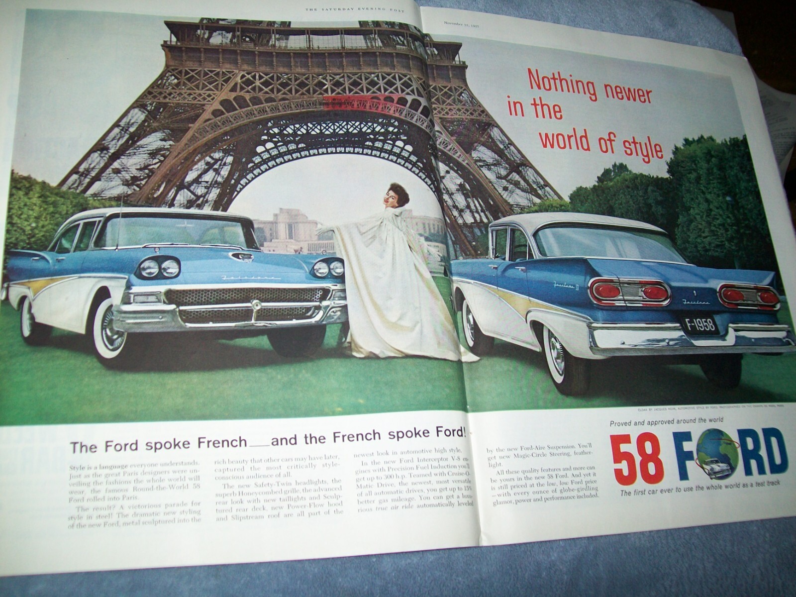 1958 Ford Fairlane large-mag centerfold car ad - at Eiffel Tower, Paris ...