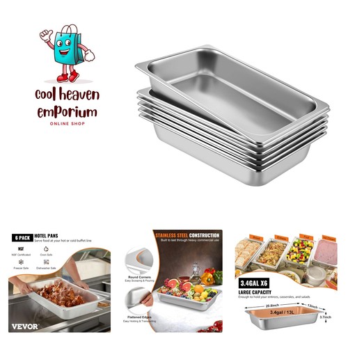 Hotel Pans Full Size 4-Inch Deep, Steam Table Pan 6 Pack, 22 Gauge/0 ...