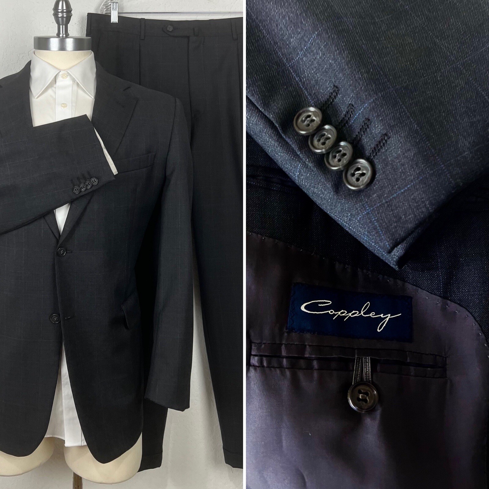 Coppley Made To Measure Gray & Blue Windowpane Plaid Suit 43L 44L ...