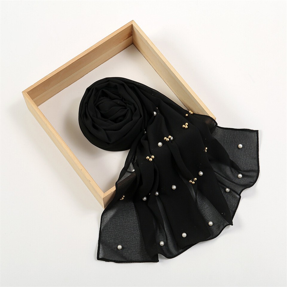 Women Chiffon Hijab Fashion Beads Long Scarf Shawl Turban Muslim ...