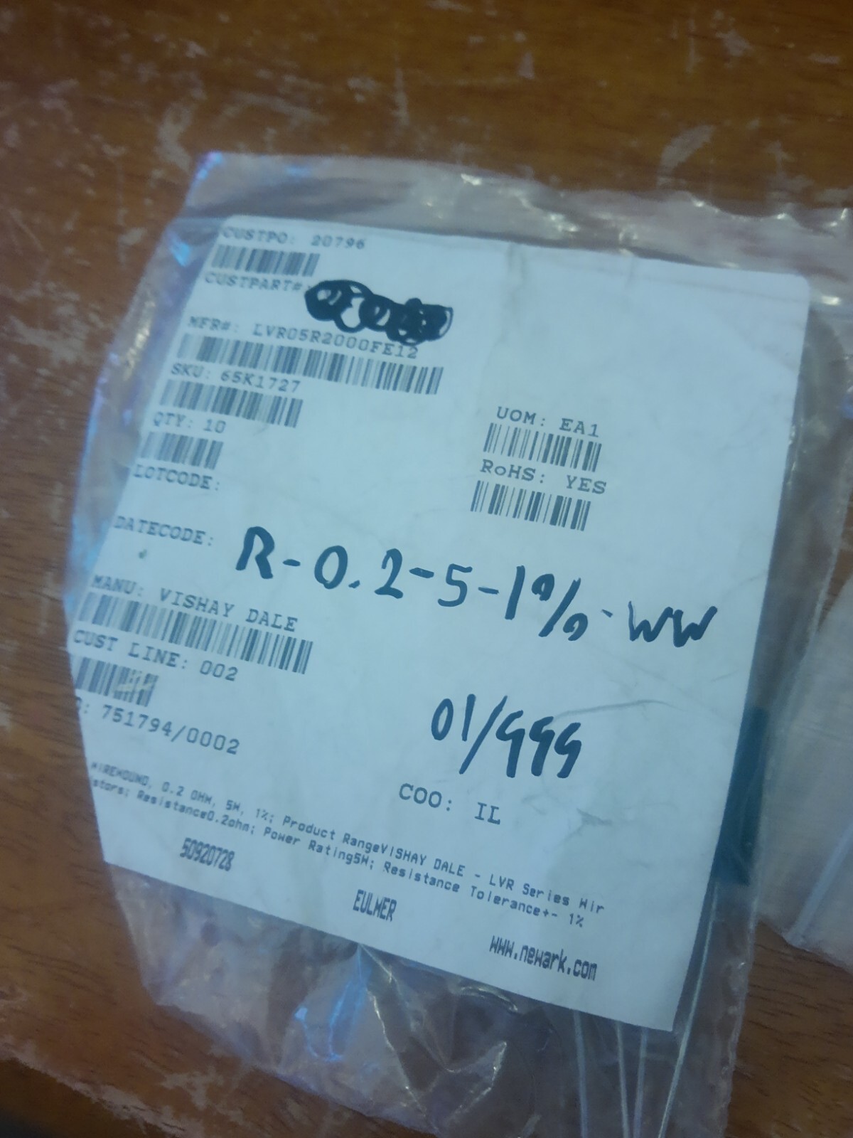 NEW LOT of 6 Dale Wire-Wound Resistors # LVR-5 / R-.2-5-1%-WW ...