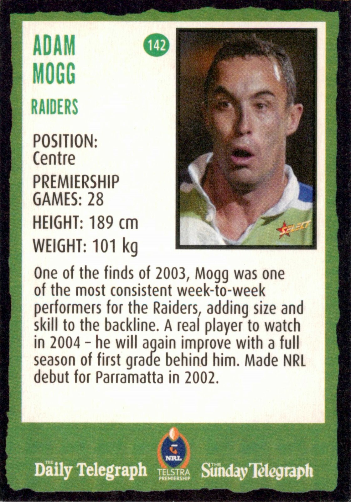 2004 CANBERRA RAIDERS NRL Card ADAM MOGG Daily Telegraph | eBay