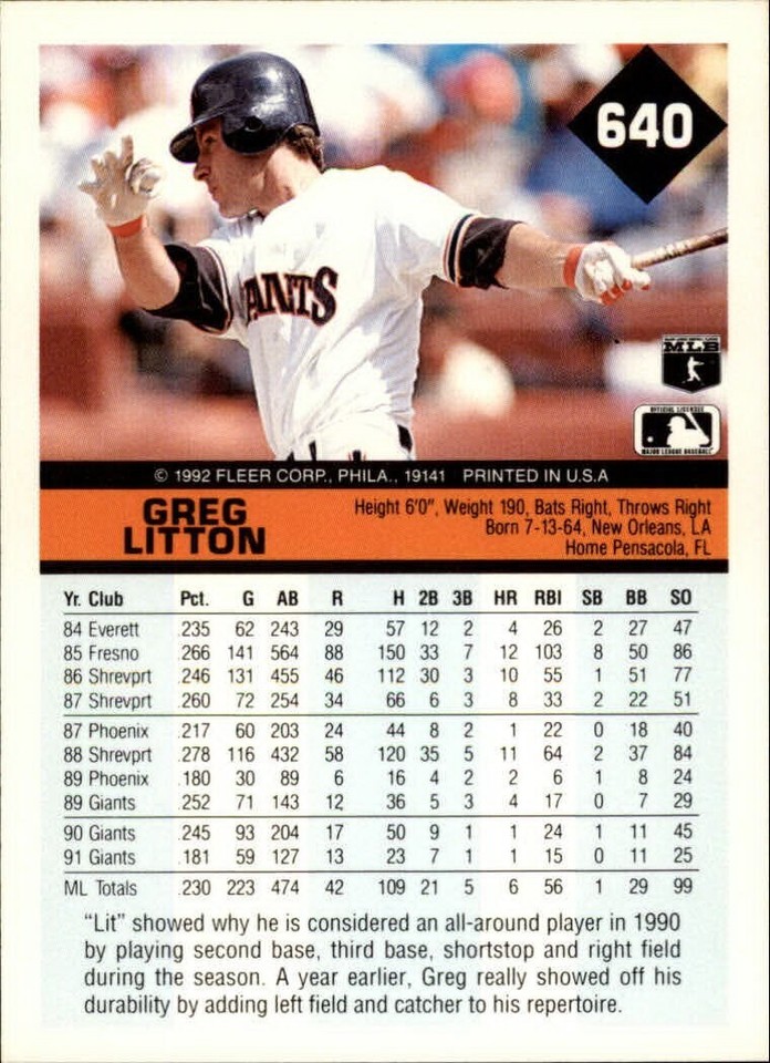 1992 Fleer San Francisco Giants Baseball Card #640 Greg Litton | eBay