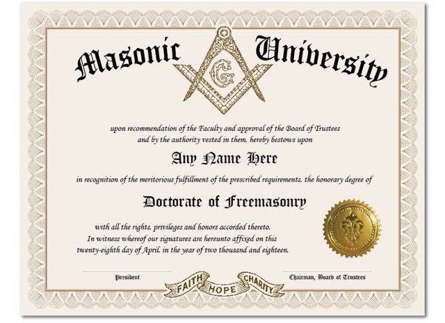 Masonic University Freemasonry Personalized Diploma w/Gold Seal Novelty ...