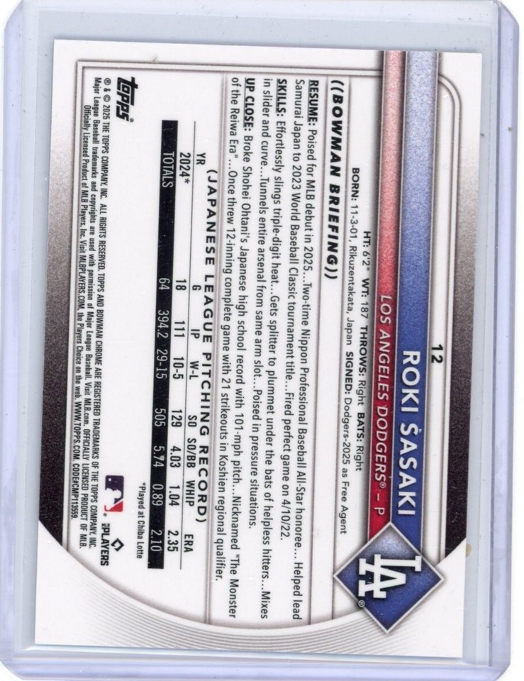 Roki Sasaki 2025 Bowman Chrome Red Rookie Logo Refractor #12 RC SSP | eBay