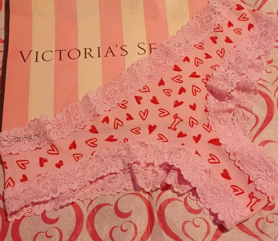 Victoria's Secret *PINK* Lace Trim Cheeky *PINK RED HEARTS* Large NWT ...