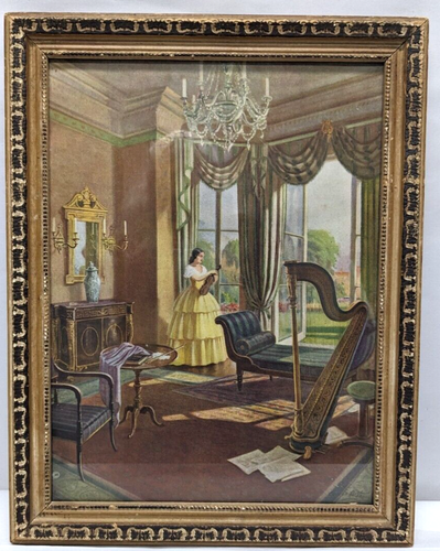 Framed/Behind Glass Art Print Victorian Woman, Harp, Violin Signed ...