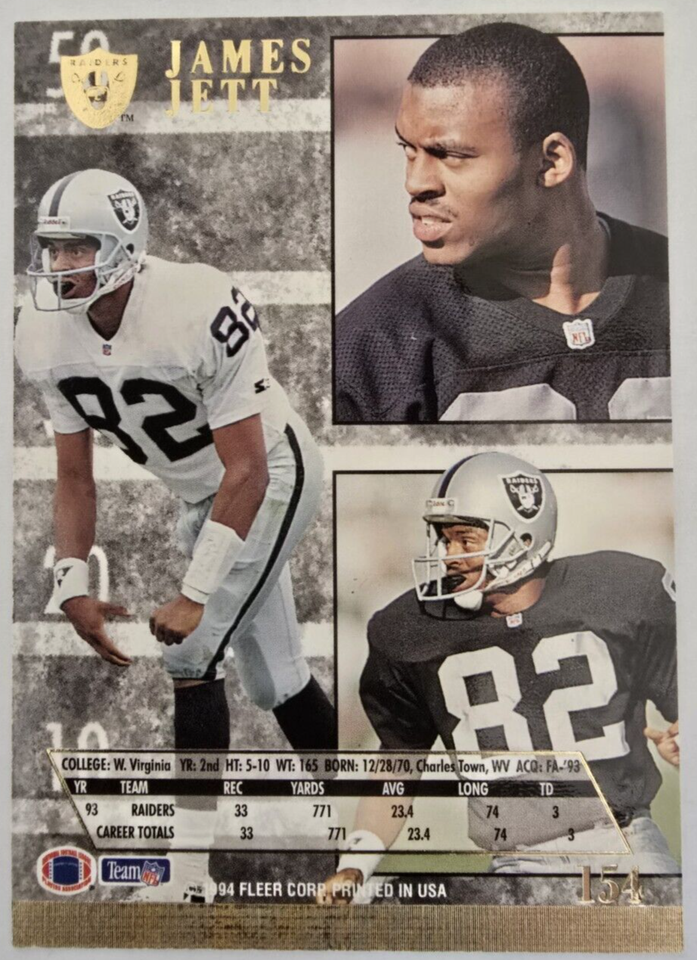 Football, James Jett, 1994 Fleer Ultra, Raiders, Wide Receiver, Card ...