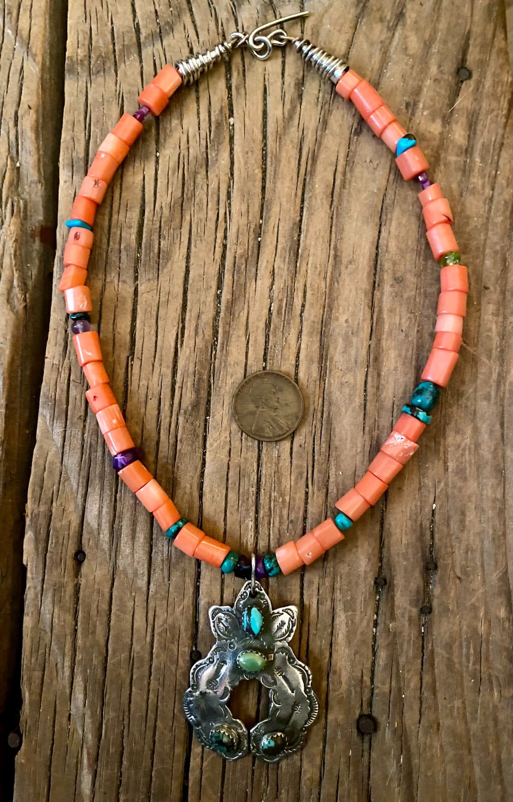 Small Squash Blossom Coral Turq Silver Necklace Chain Choker Sundance ...