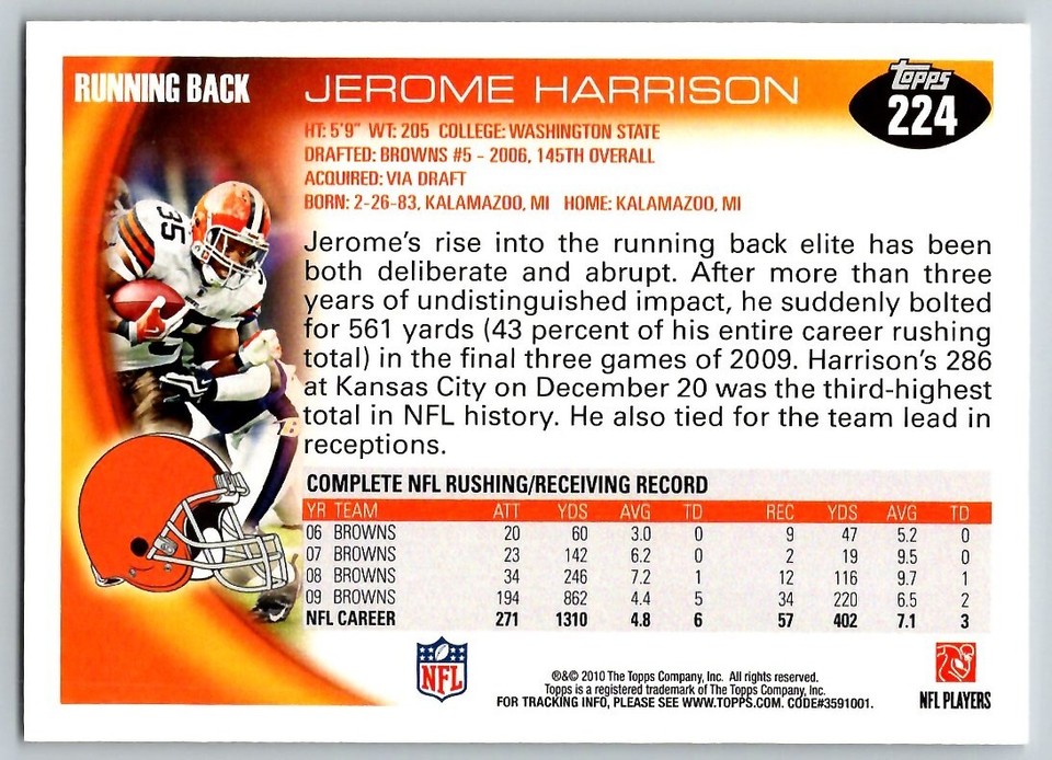 2010 TOPPS JEROME HARRISON CLEVELAND BROWNS #224 | eBay