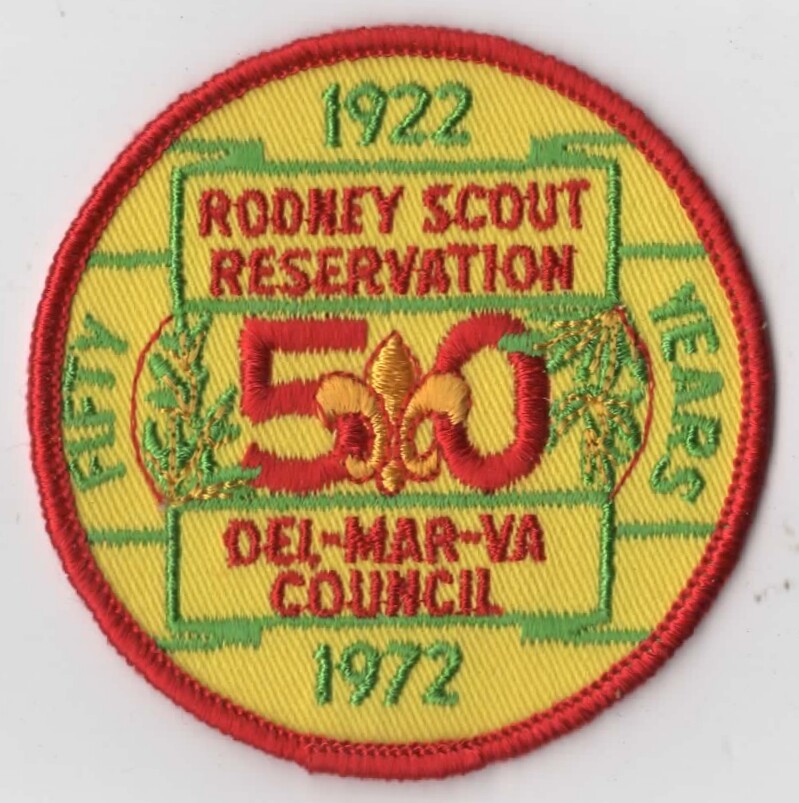 1972 Rodney Scout Reservation Del-Mar-Va Council BSA Patch RED Bdr ...