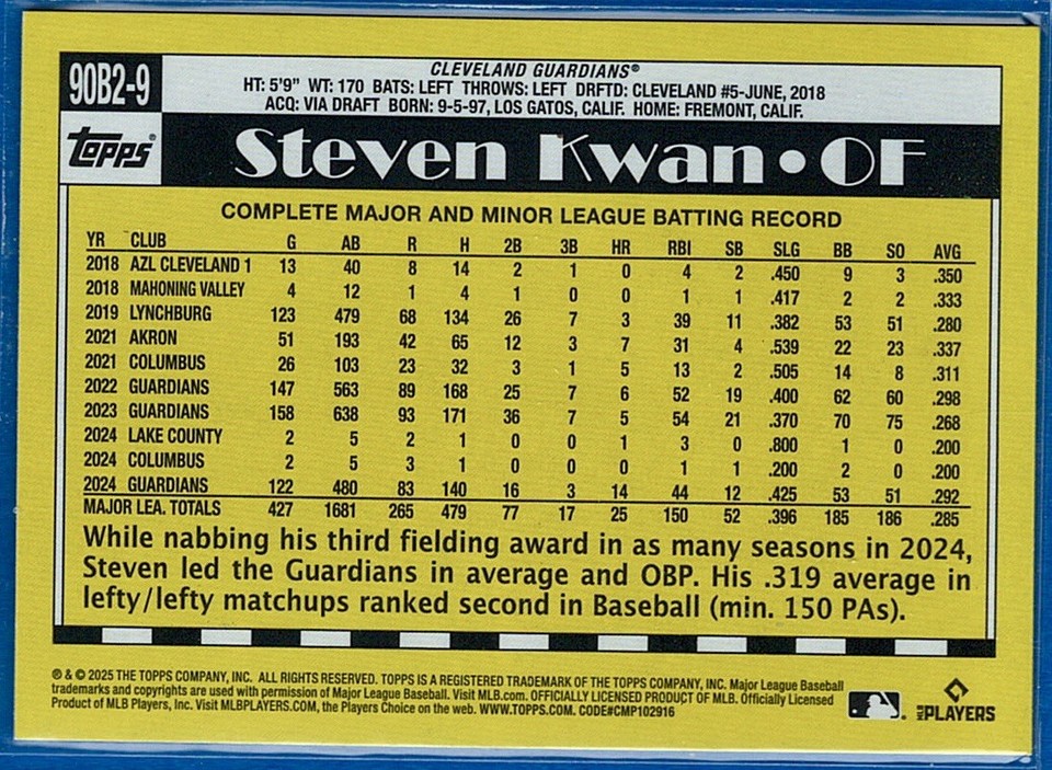 Steven Kwan 2025 Topps 1990 Baseball #90B2-9 Cleveland Guardians FREE ...