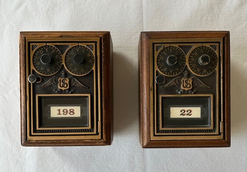 Pair Vintage US Post Office Box Door Coin Banks Eagle Design Wood Piggy ...