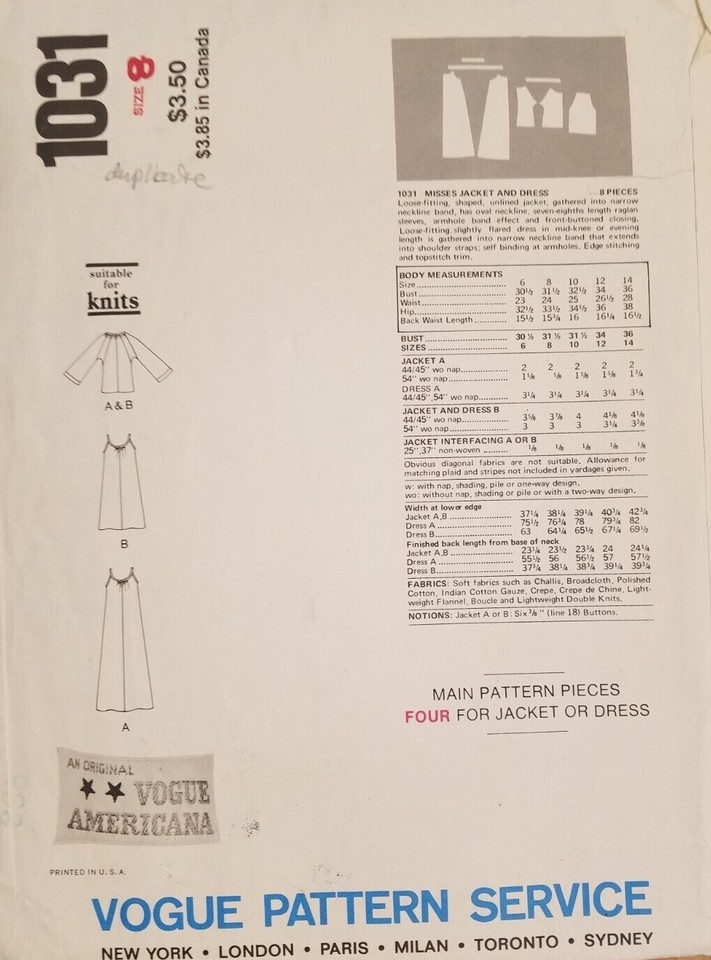 Vogue Pattern by Carol Horn # 1031 Misses Jacket & Dress Sz 8 | eBay