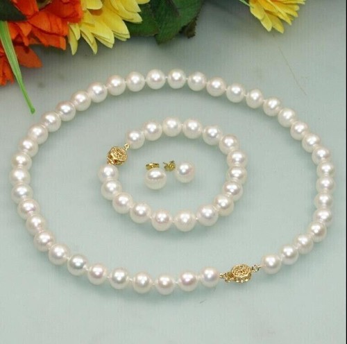 HOT AAAA 9-10MM AKOYA WHITE PEARL NECKLACE BRACELET EARRING SET 14Kp ...