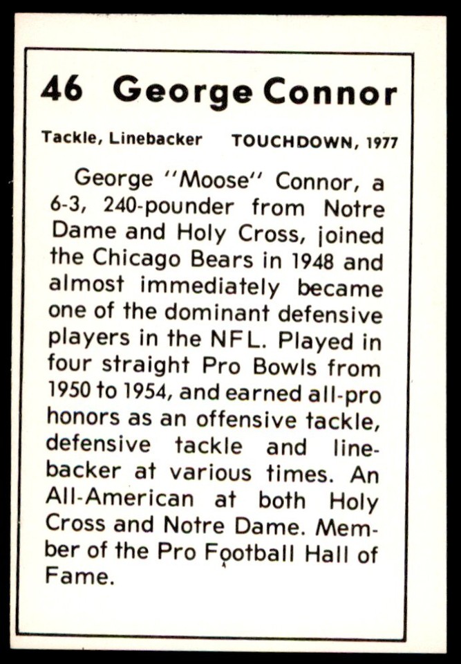 1977 TOUCHDOWN CLUB GEORGE CONNOR CHICAGO BEARS #46C | eBay