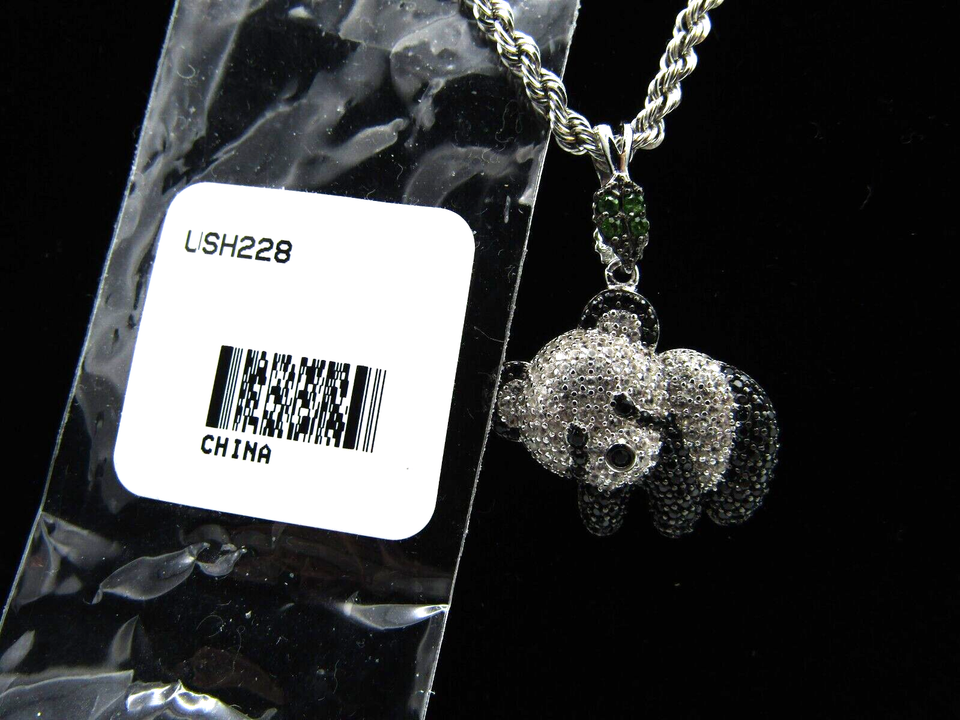WHITE TOPAZ & SPINEL PANDA PENDANT 20" ROPE CHAIN 2.5mm Sterling Sil ...