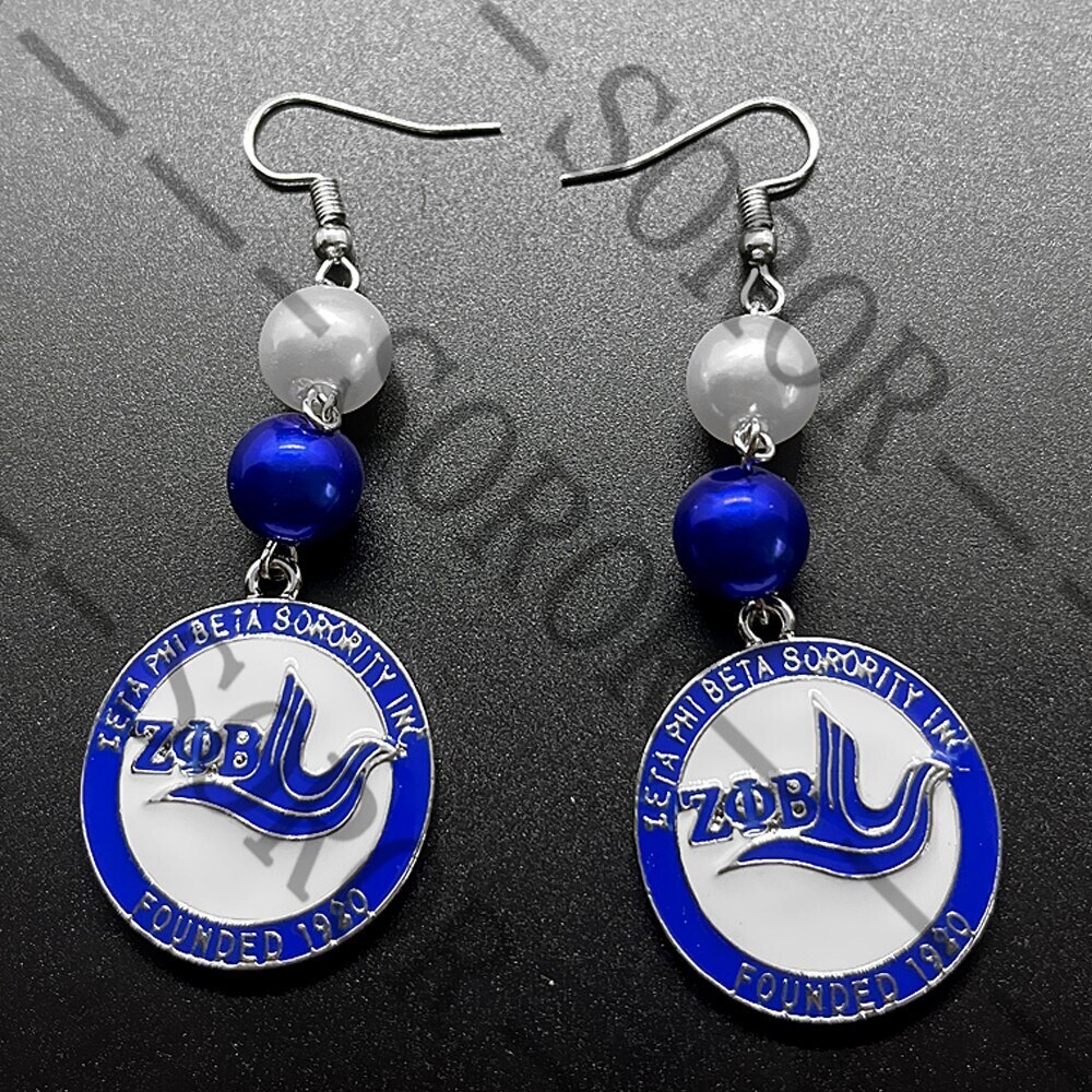 Zeta Phi Beta Royal Blue and White Pearl Dangle Fish-Hook Earrings ...