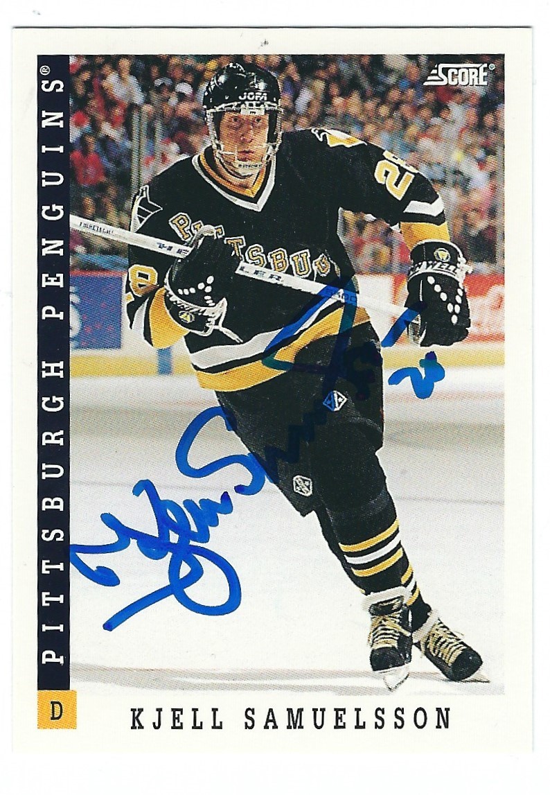 Signed KJELL SAMUELSSON 1993-94 SCORE Pittsburgh Penguins Card #184 COA ...