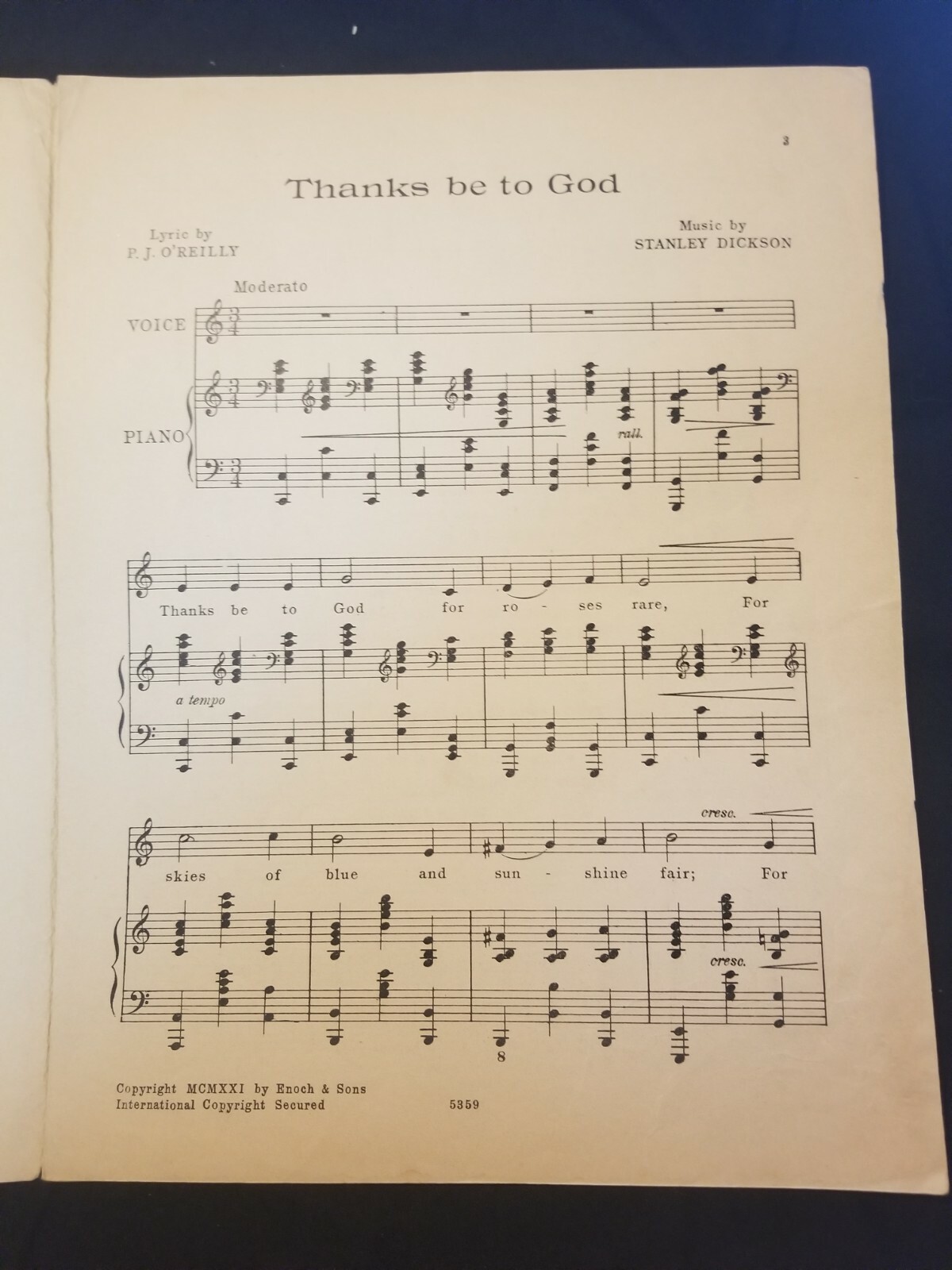 Vintage Piano Sheet Music Thanks Be to God P J Oreilly Stanly Dickson Enoch 1921 | eBay