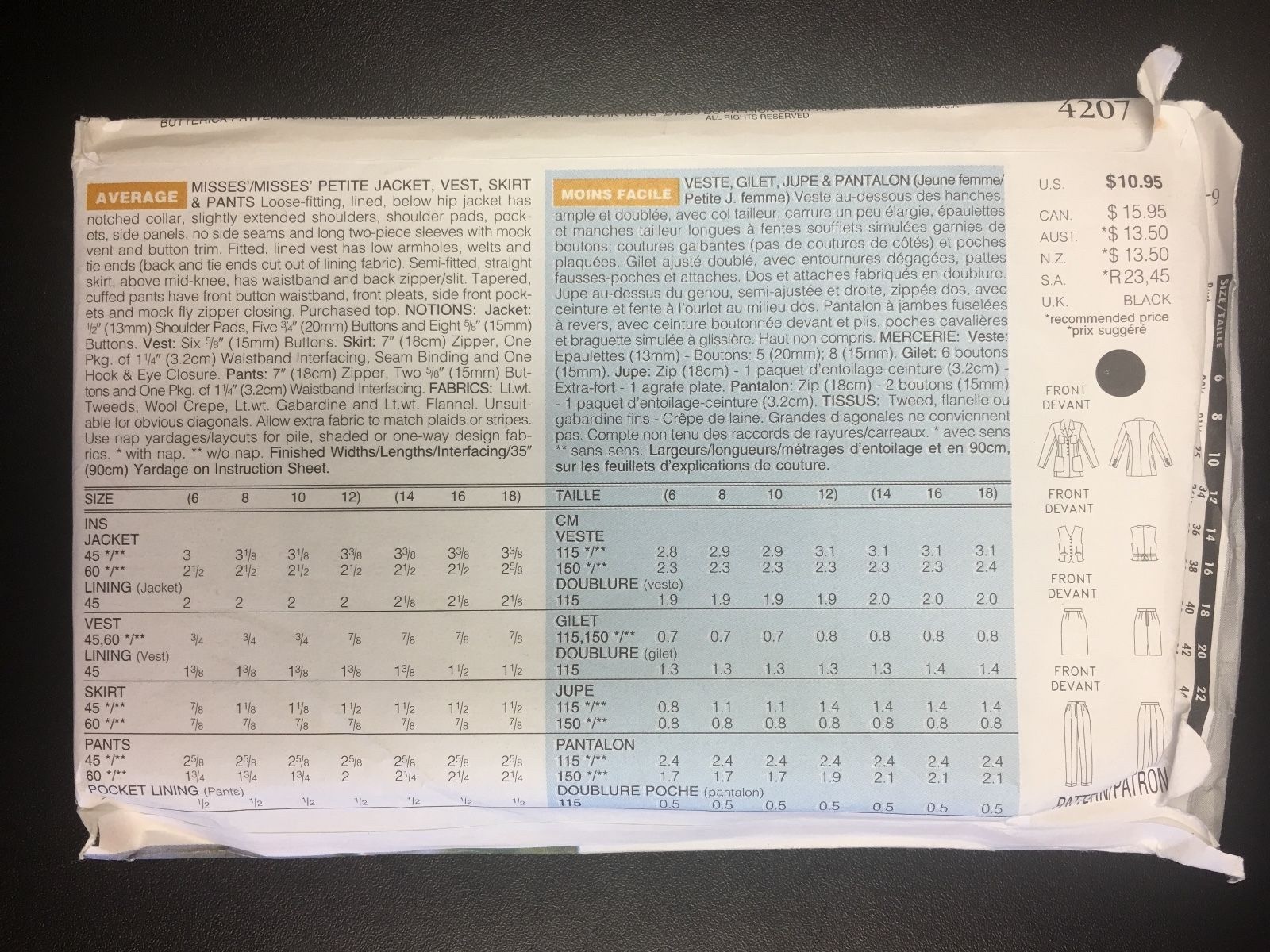 Butterick 4207 Sewing Pattern UC Misses Lined Jacket Vest Skirt Pants ...