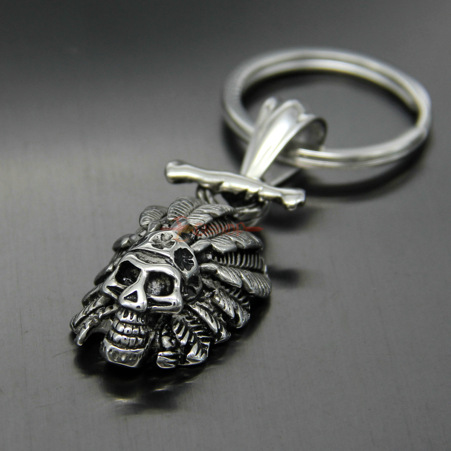 Men Stainless Steel American Indian Chief Skull Key Chain Pendant Ring ...