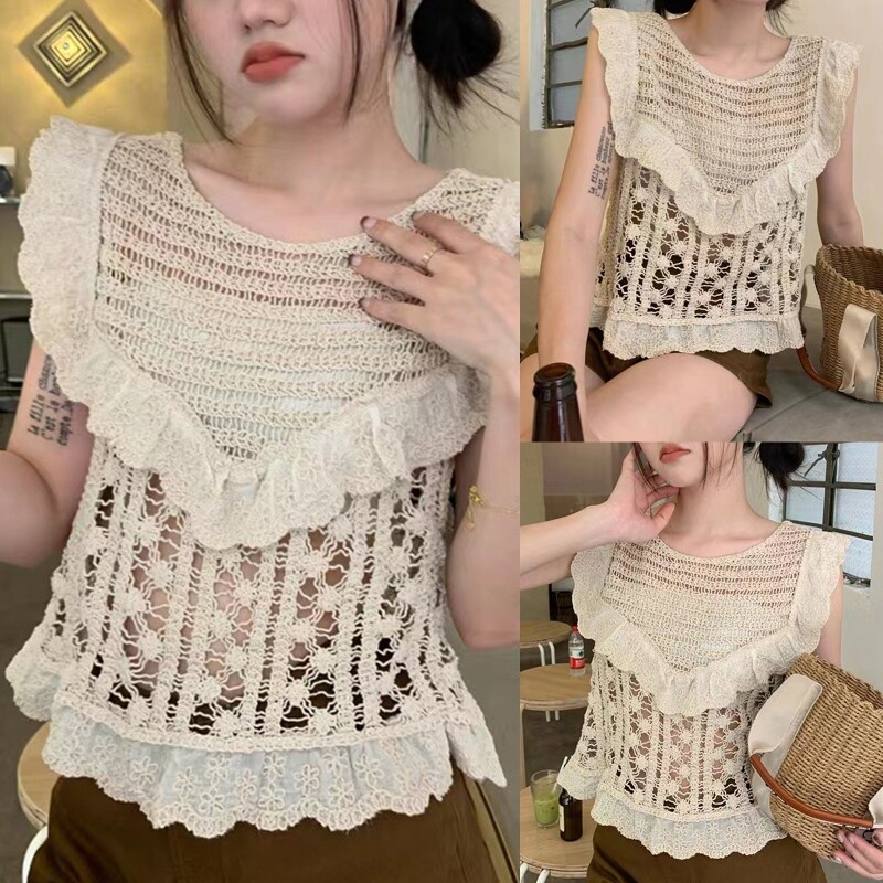 Women s Crocheted Vest Tops All-matching Ruffle Trim for Tops Hollow ...