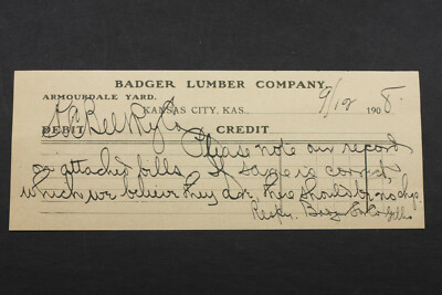 Kansas City KS Badger Lumber Armourdale Yard Debit Memo Freight 1908 ...