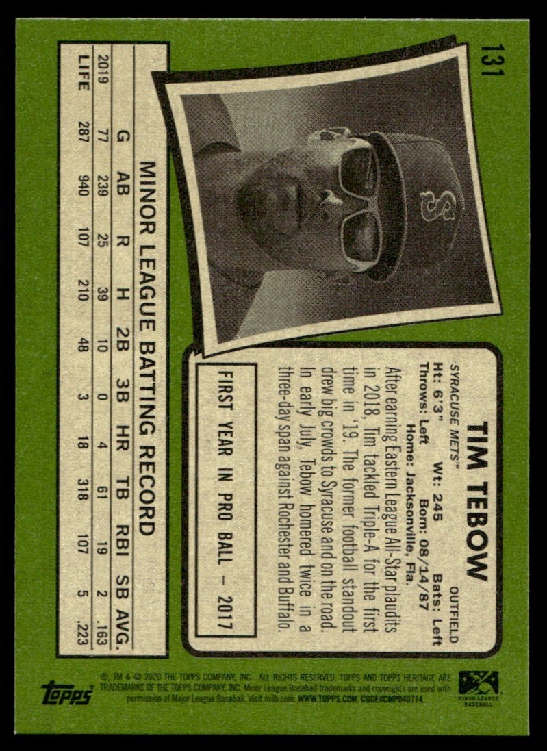 2020 Topps Heritage Minor League Flip Stock Tim Tebow Syracuse Mets ...