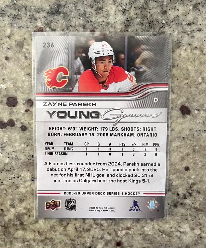 2025-26 UPPER DECK SERIES 1 ZAYNE PAREKH YOUNG GUNS ROOKIE CALGARY FLAMES #236 | eBay