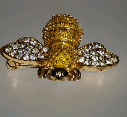 VTG Elegant Golden Bumble Bee Queen Bee Pin Brooch Crystal Insect Bug ...