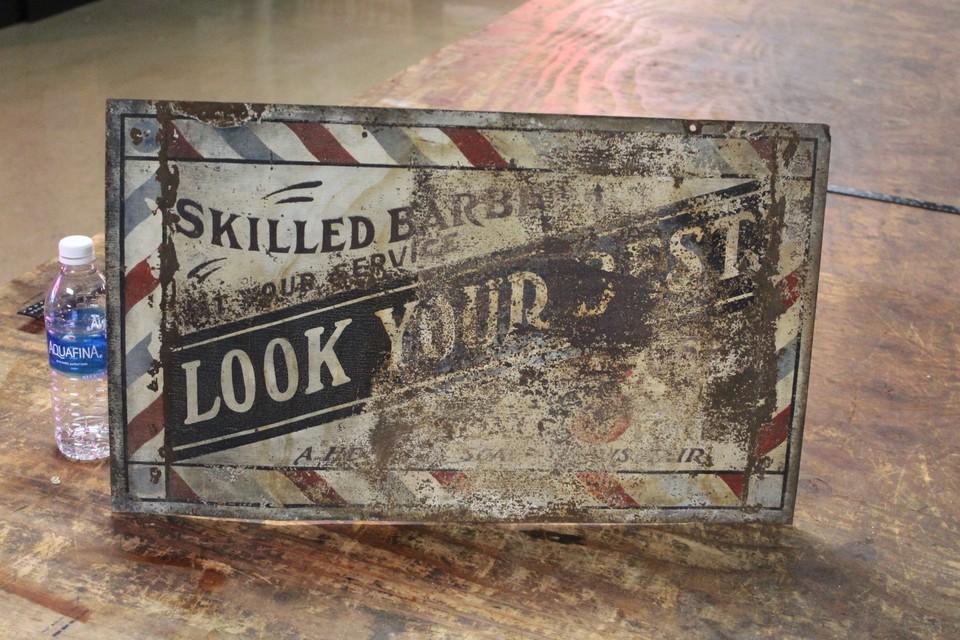 SCARCE CIRCA 1900 3 TONE SCALP TONIC SKILLED BARBER SHOP PAINTED METAL ...
