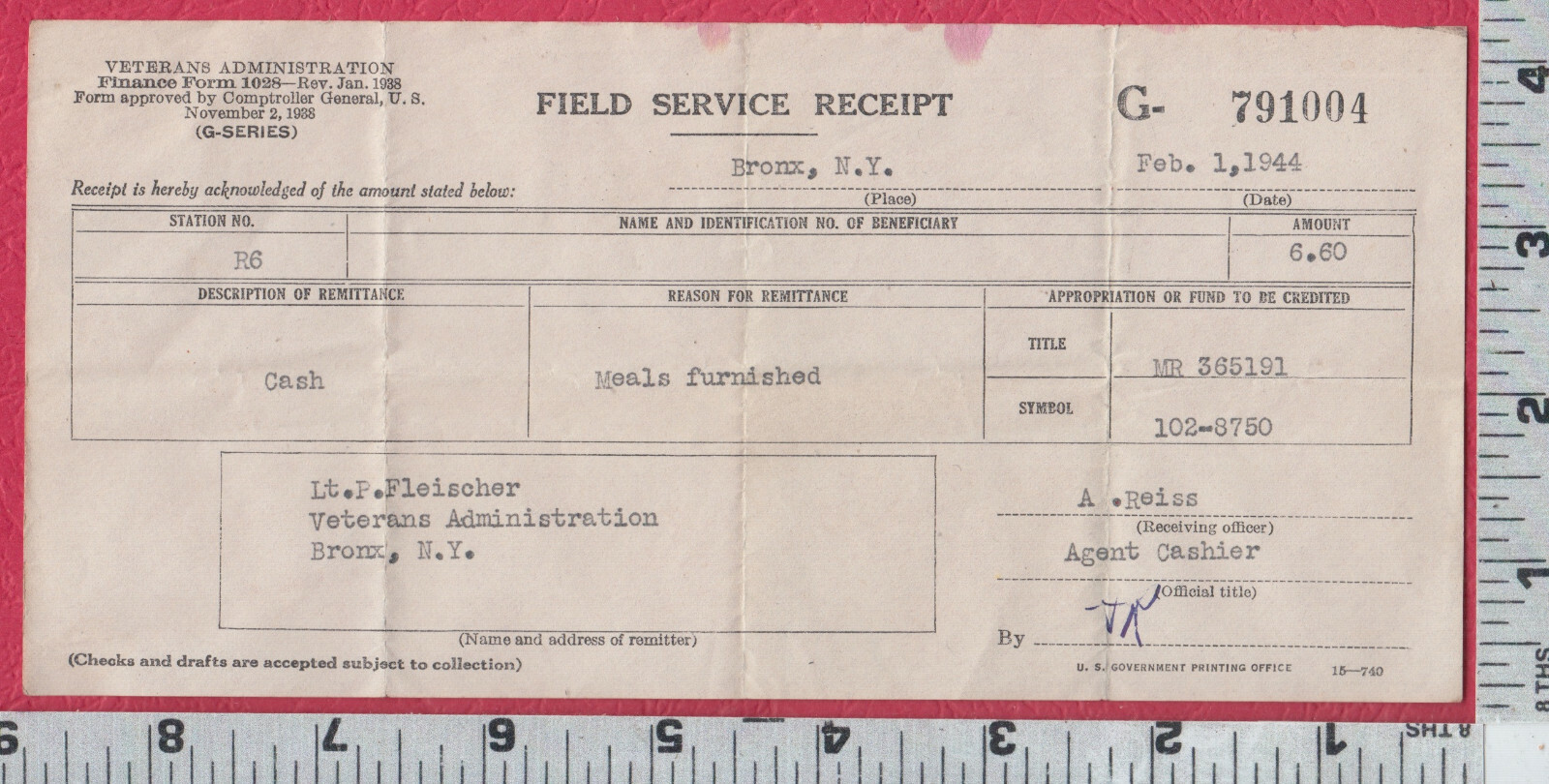 C610 Veterans Administration Field Service Receipt P Fleischer Bronx NY ...