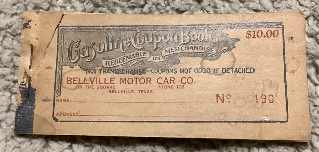 VINTAGE GASOLINE COUPON BOOK ORIGINAL NEW OLD STOCK BELLVILLE MOTOR CO ...