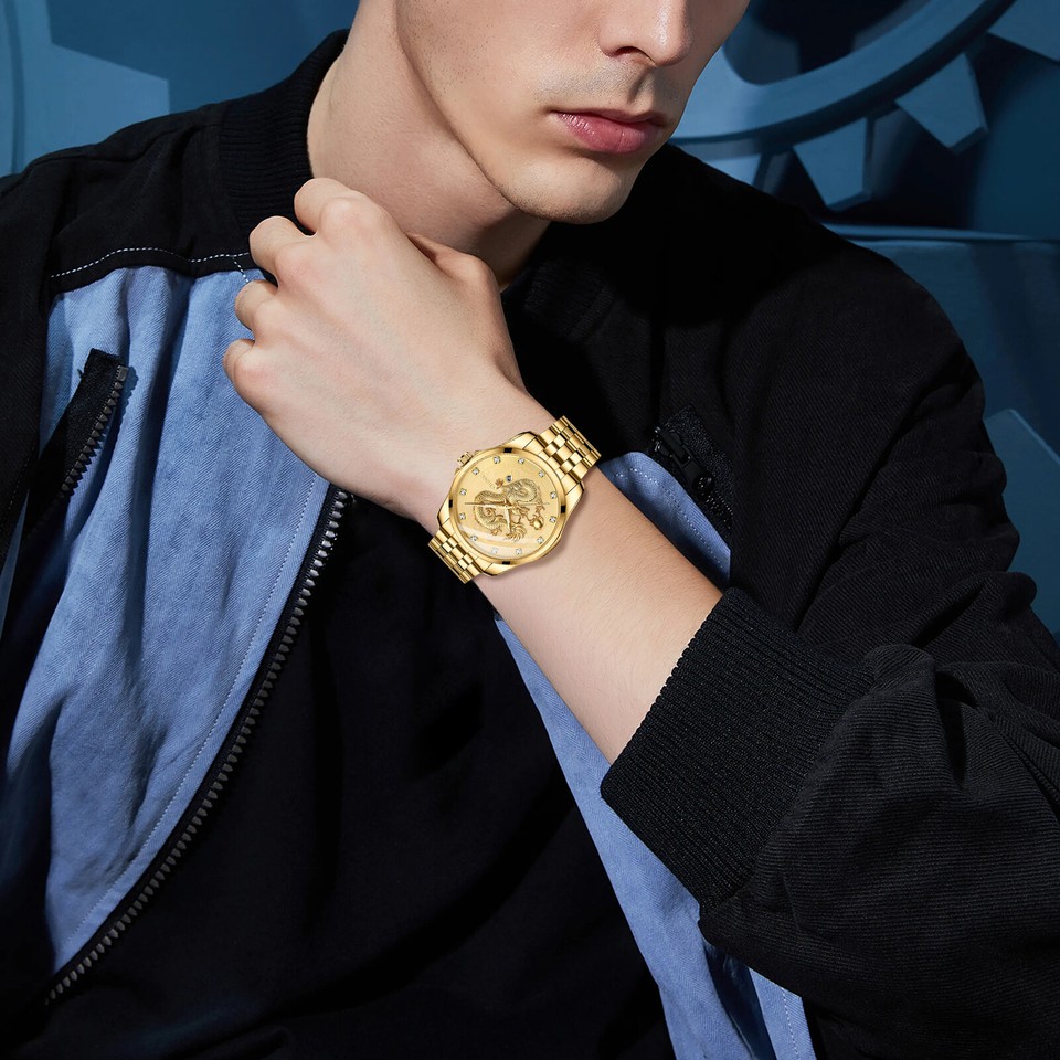 Men Luxury Chinese Dragon Carved Dial Diamond Quartz Watch Waterproof ...