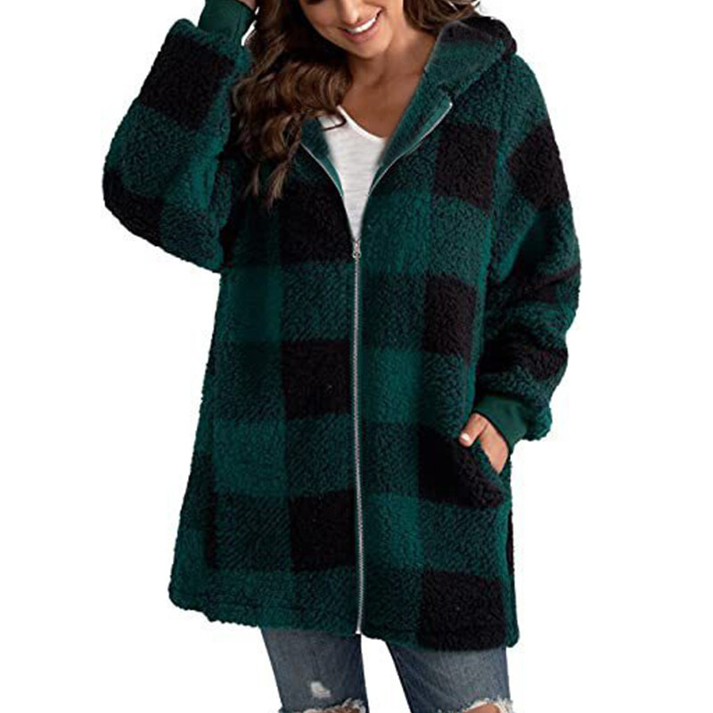 Womens Plaid Long Sleeve Fleece Fuzzy Jackets Ladies Zip Up Hooded Coat ...