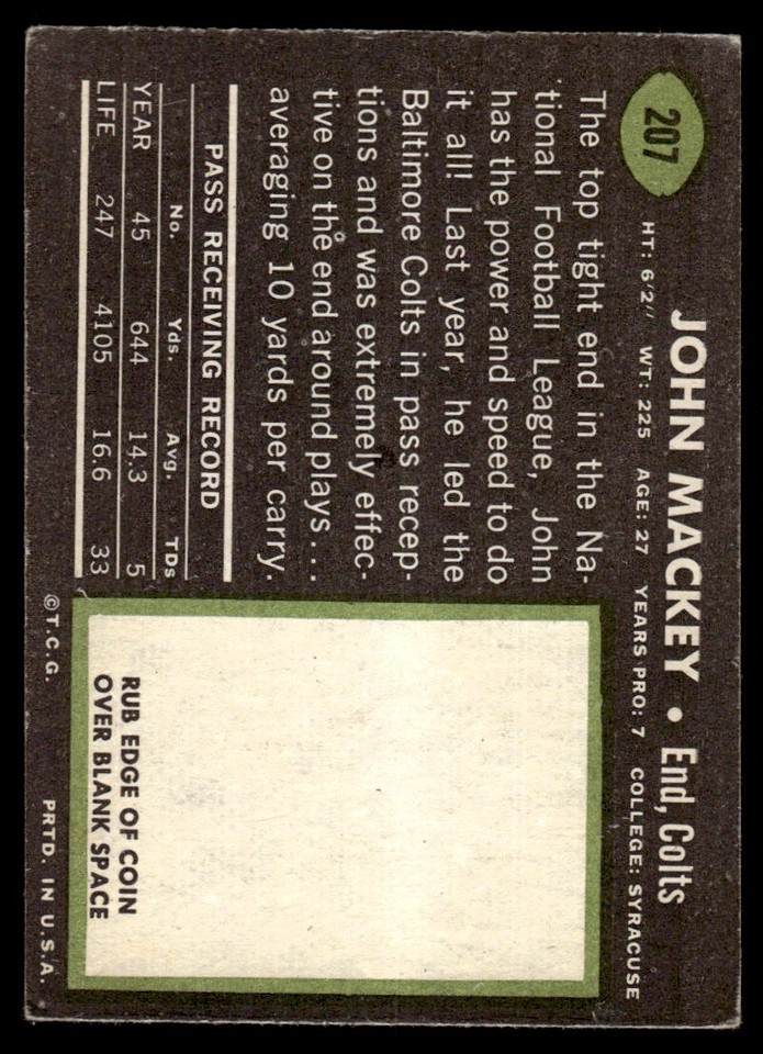 1969 TOPPS JOHN MACKEY BALTIMORE COLTS #207 | eBay