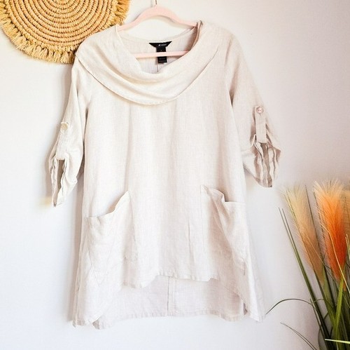 Ali Miles, Sunwashed Beige Linen Cowl Neck Pocket Tunic, Womens Size ...