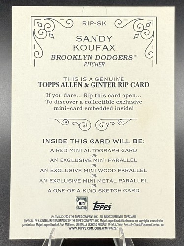 2024 Topps Allen & Ginter RIP Card #RIP-SK Sandy Koufax /99 UNRIPPED ...