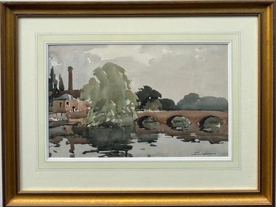 Edward Wesson (1910-1983) : A River with Bridge, signed watercolour ...