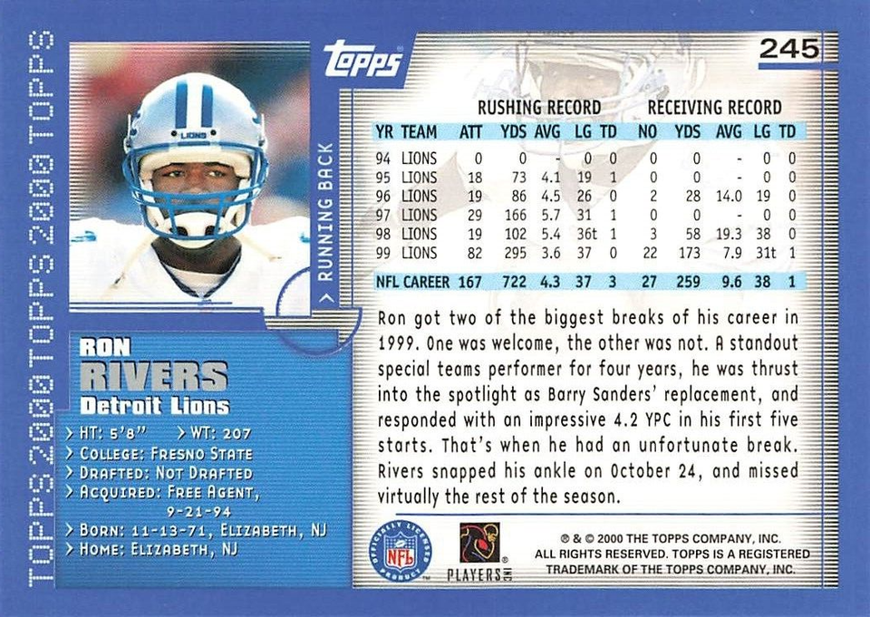 2000 Topps Collection Detroit Lions Football Card #245 Ron Rivers | eBay