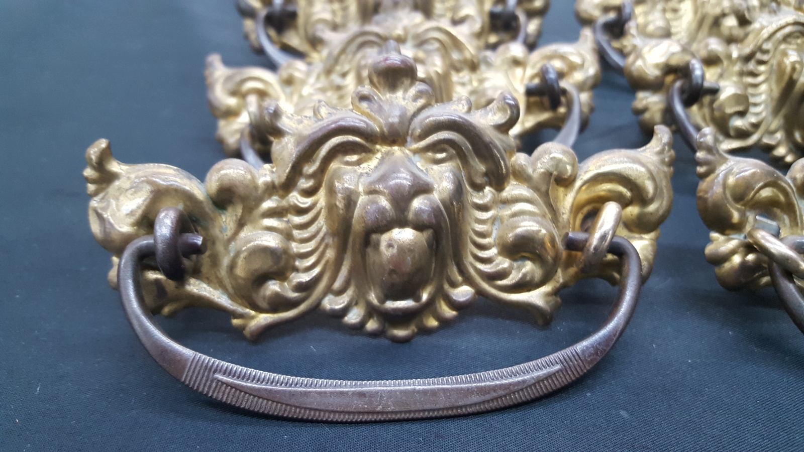 Vintage Ornate Set of 6 Stamped Brass Large Lion Head Drawer Plates ...